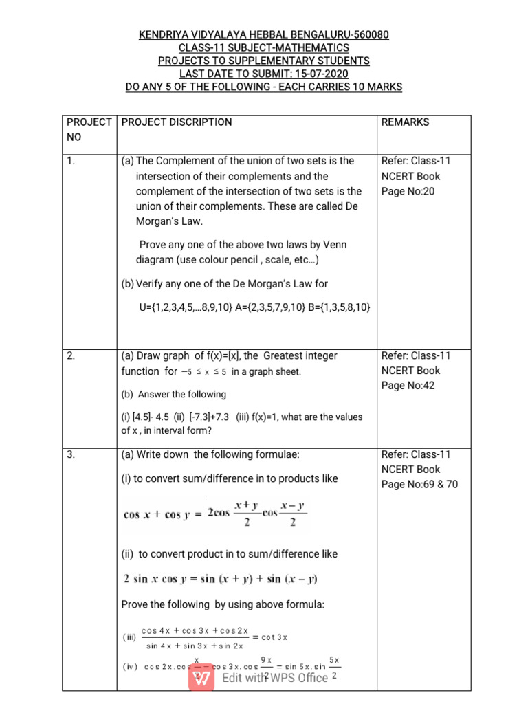 PROJECTS TO CLASS-11 SUPPLEMENTARY STUDENTS | PDF