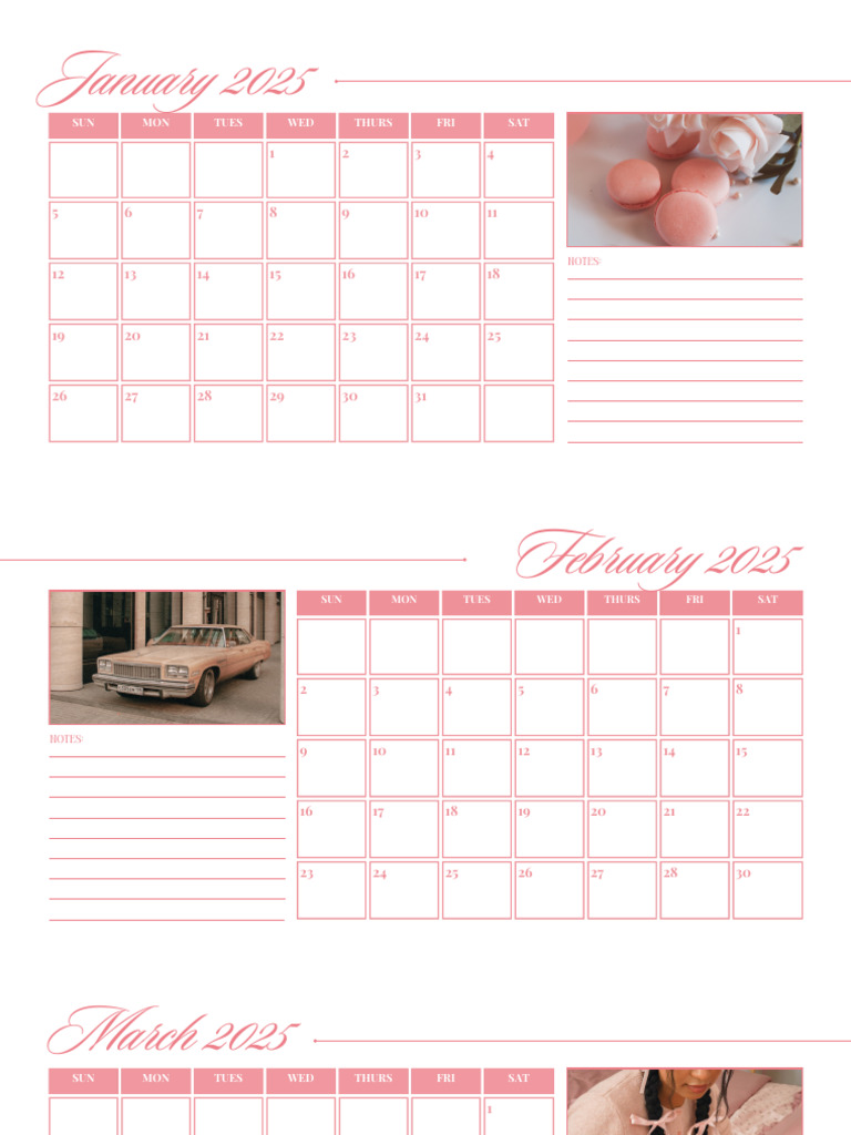 Pink and White Classy Minimal Photo 2025 Monthly Calendar | PDF