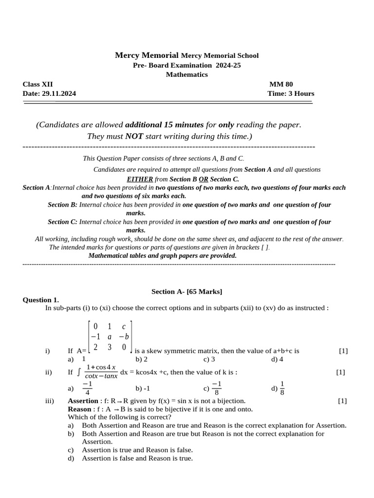 Class 12 Mathematics 2024-25 Preboards | PDF | Function (Mathematics)