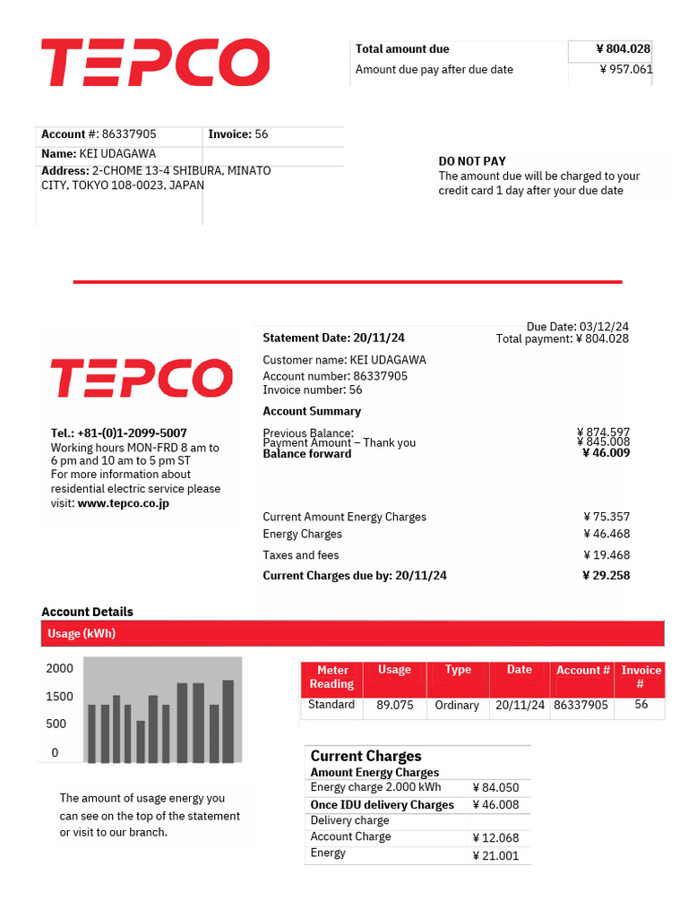 Japan Tokyo Electric Power Company Electricity Utility Bill - PDF ...