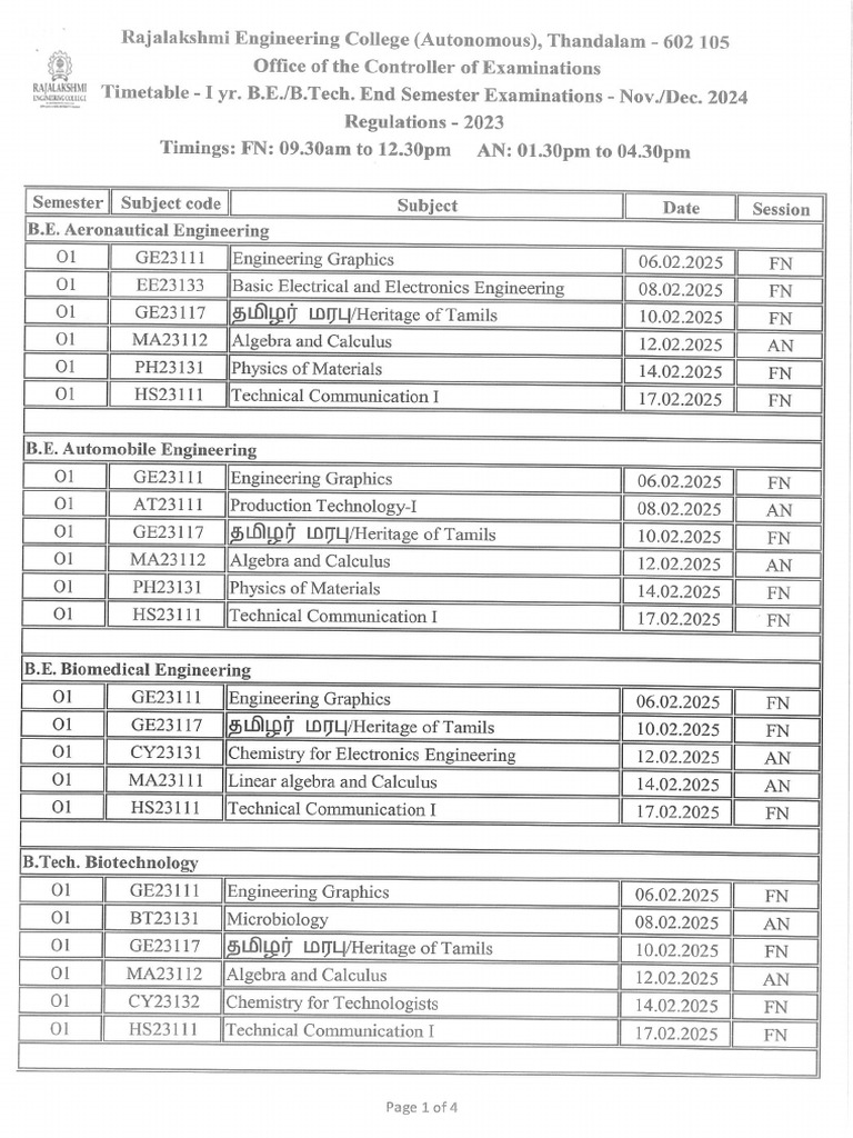 Timetable - I Yr. B.e-b.Tech - End Sem. Exam. | PDF
