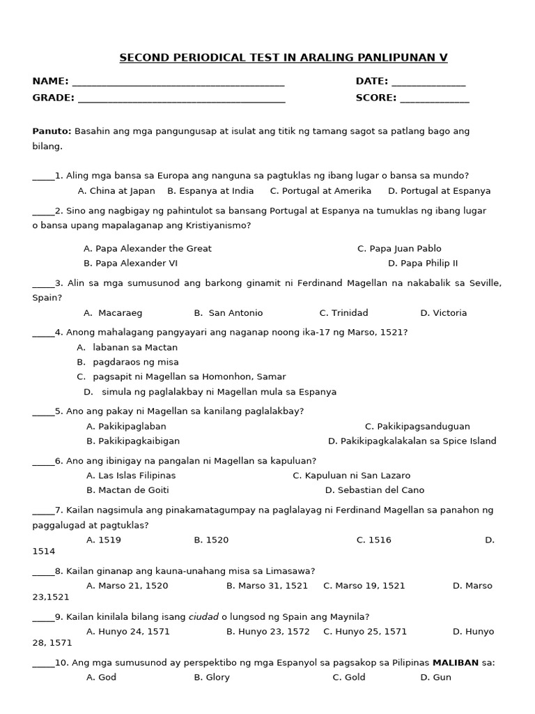 489190576 2nd Quarter Exam Araling Panlipunan 5 | PDF