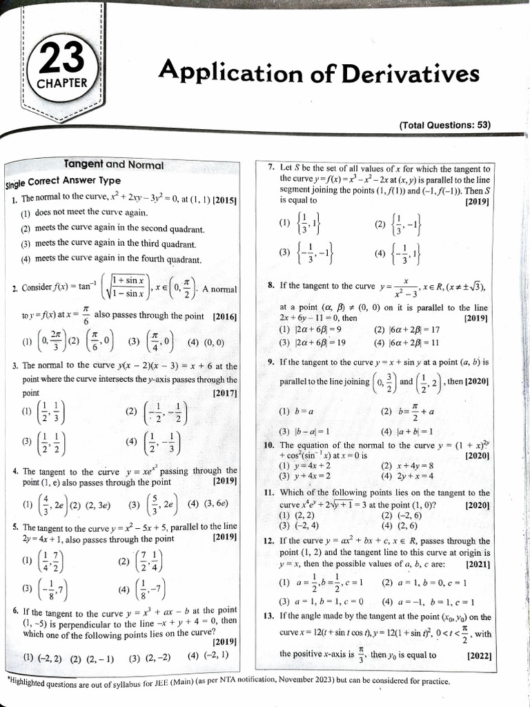 Applications of Derivatives Cengage (PYQ) | PDF | Tangent | Angle