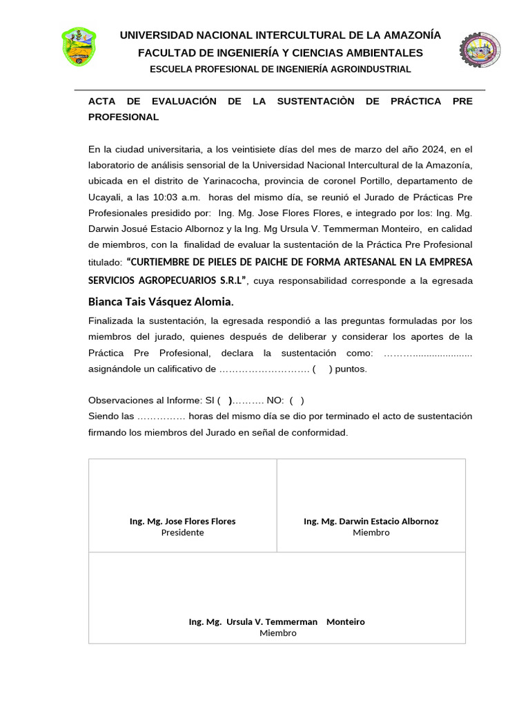 Acta de Evaluacion de La Sustentacion de PPP | PDF