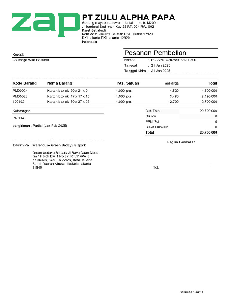 PO-APRO_2025_01_21_00800-ZAP Support Office - WH Bizpark-Mega wira | PDF