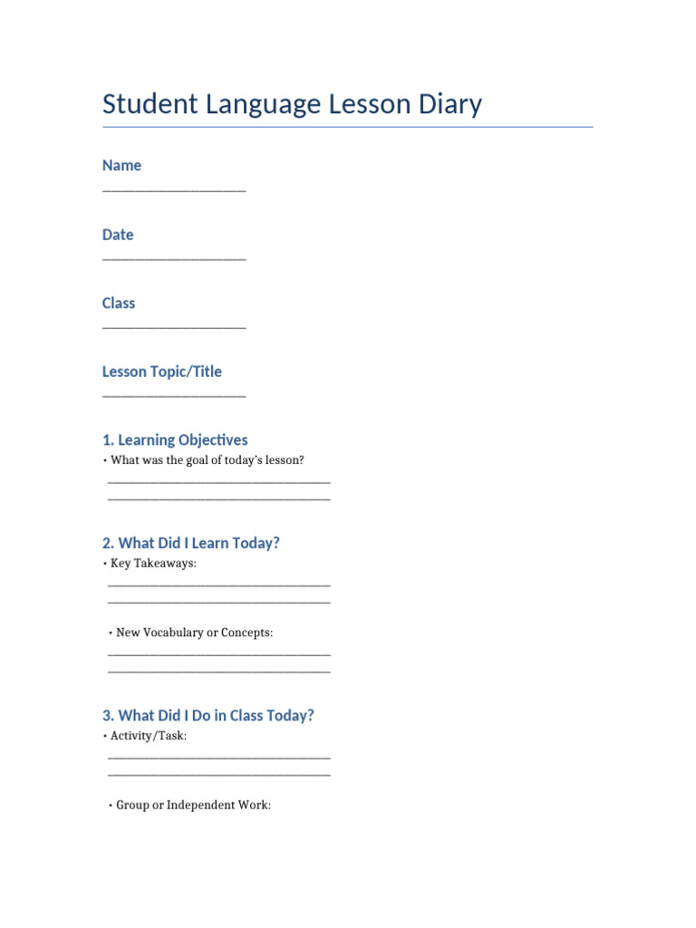 Student Language Lesson Diary Template | PDF | Learning | Thought