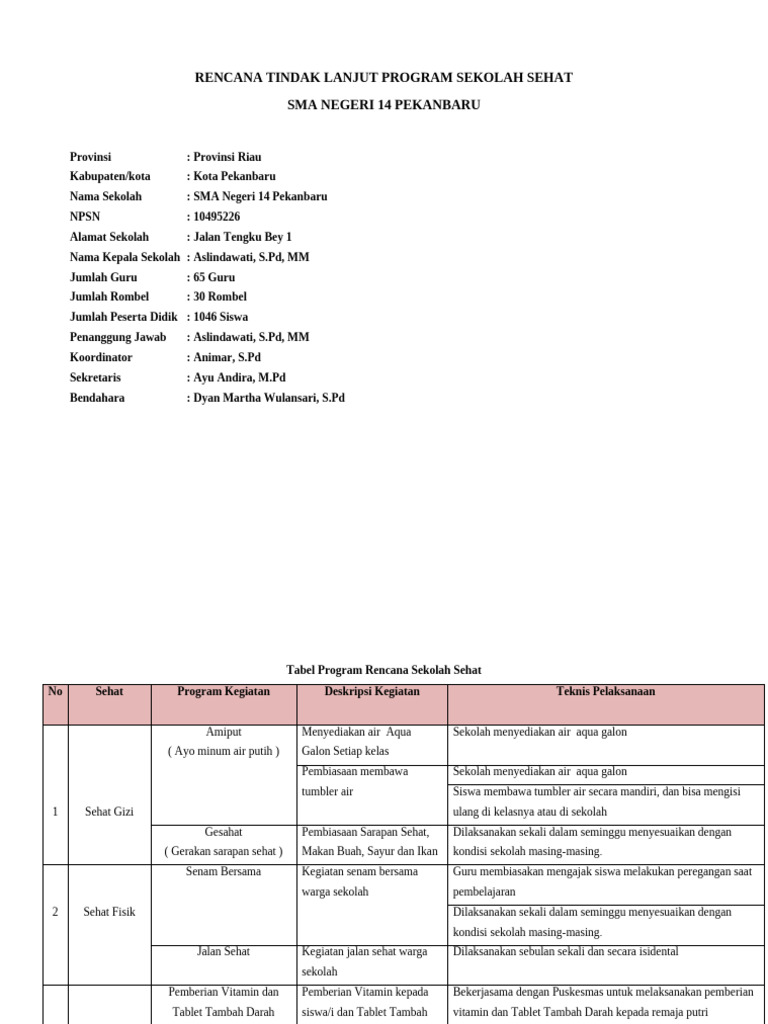 Rencana Tindak Lanjut Program Sekolah Sehat | PDF