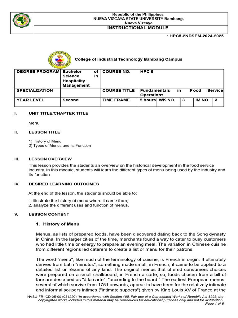 Module 3 (The Menu) PDF | PDF | Menu | Restaurants