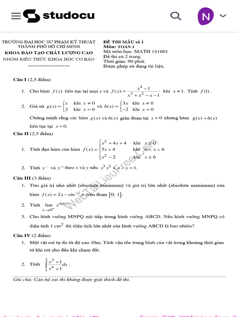 ĐỀ THI MẪU TOAN1 - toán 1 - TRƯỜNG ĐẠI HỌC SƯ PHẠM KỸ THUẬT THÀNH PHỐ HỒ CHÍ MINH KHOA ĐÀO TẠO ...
