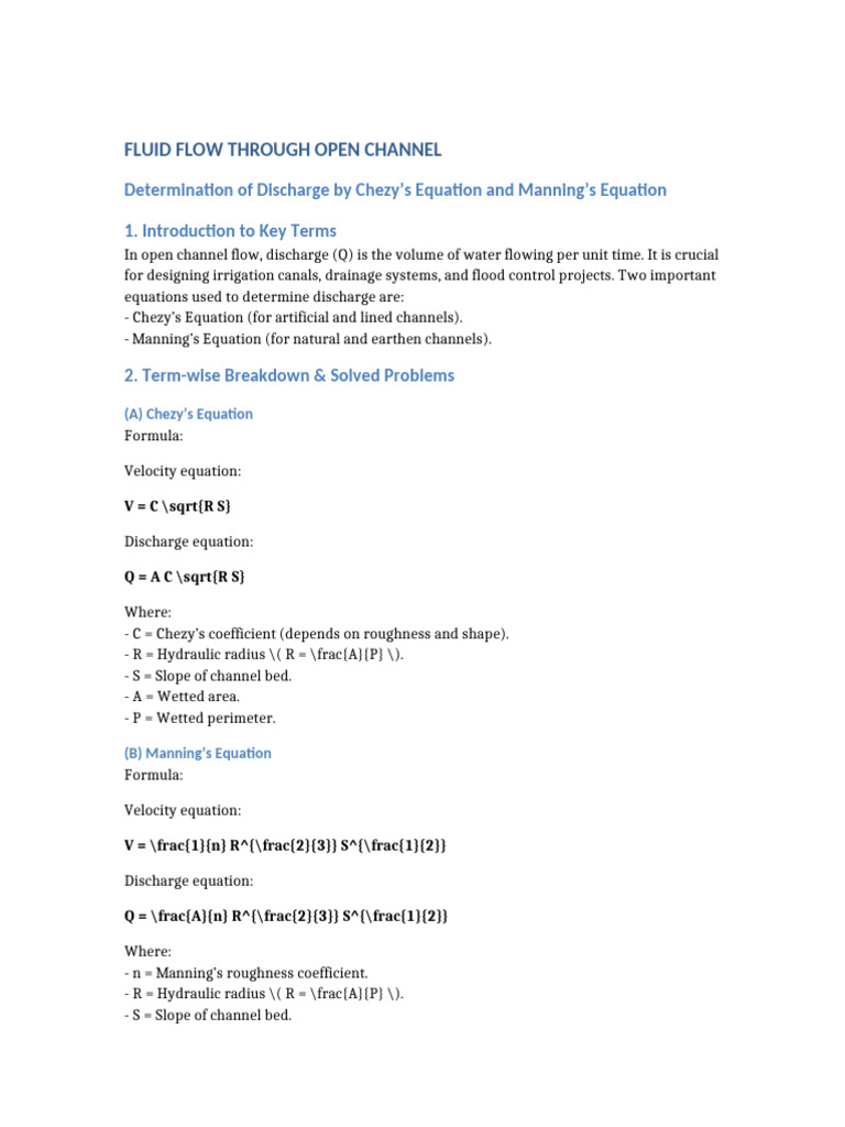 Open Channel Flow Discharge Equations | PDF