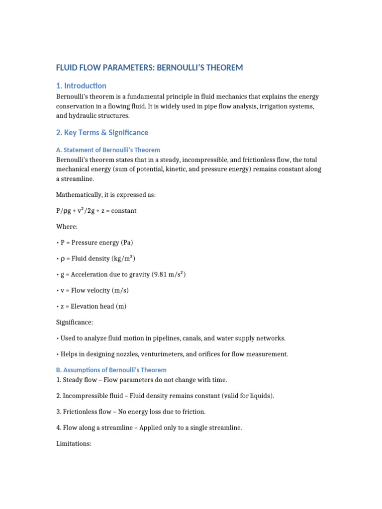 Bernoullis Theorem Study Note | PDF | Fluid Dynamics | Pressure