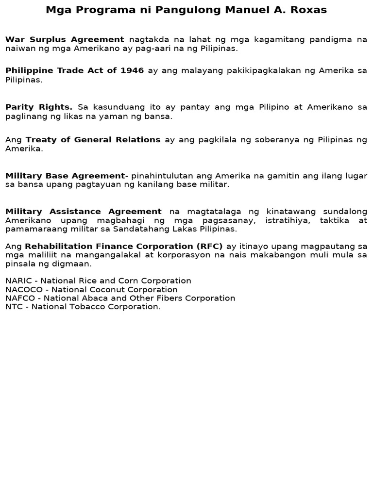 Mga Programa Ni Pangulong Manuel A Roxas | PDF
