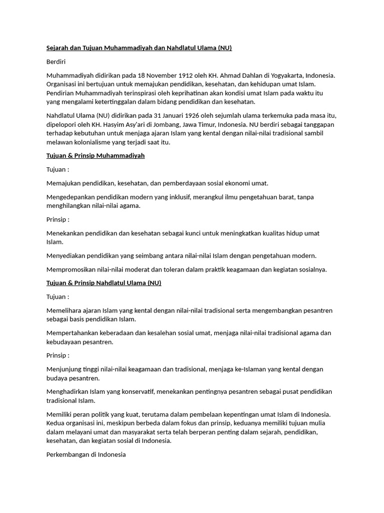 Sejarah Dan Tujuan Muhammadiyah Dan Nahdlatul Ulama | PDF