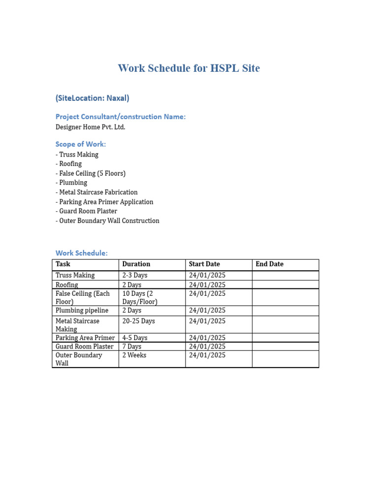 HSPL Site Work Schedule | PDF