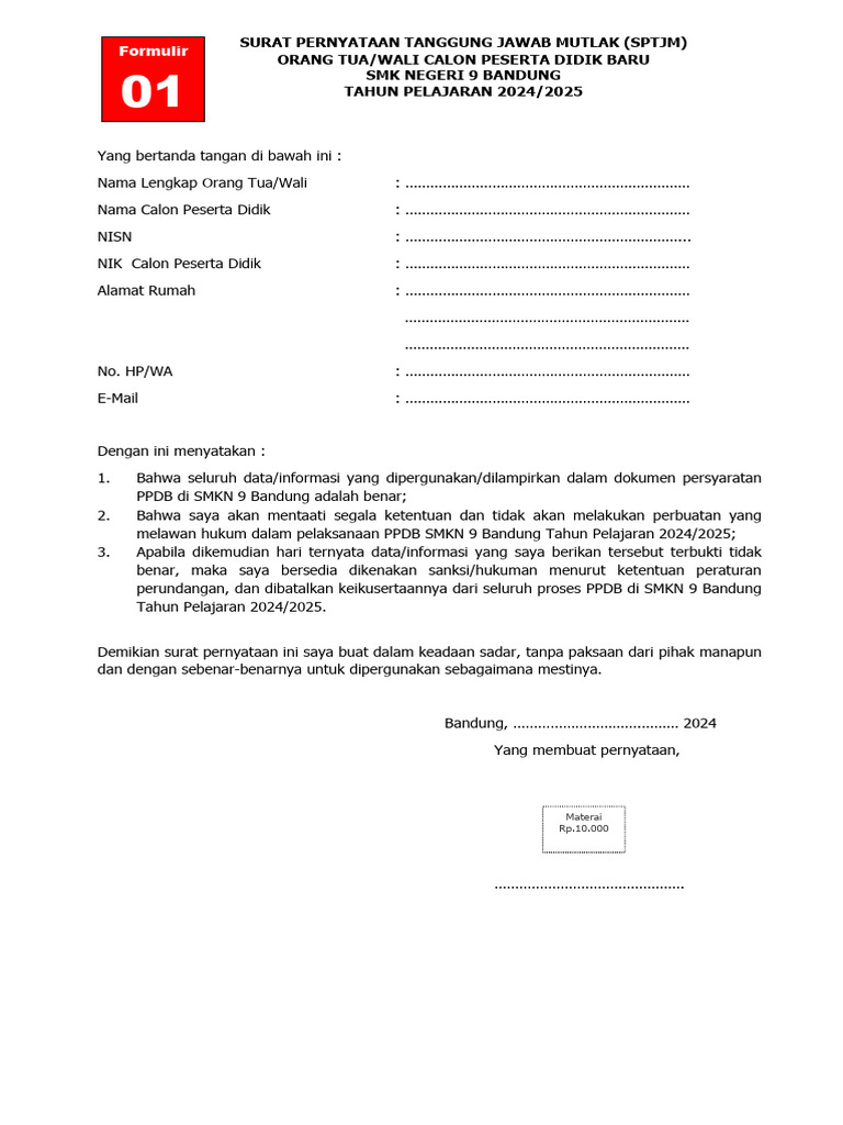 Form SPTJM Ortu Peserta Didik Baru | PDF