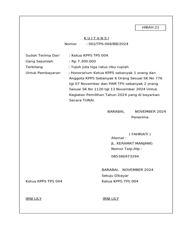 FORMAT KUITANSI KPPS (Form Hibah 21) 004 | PDF