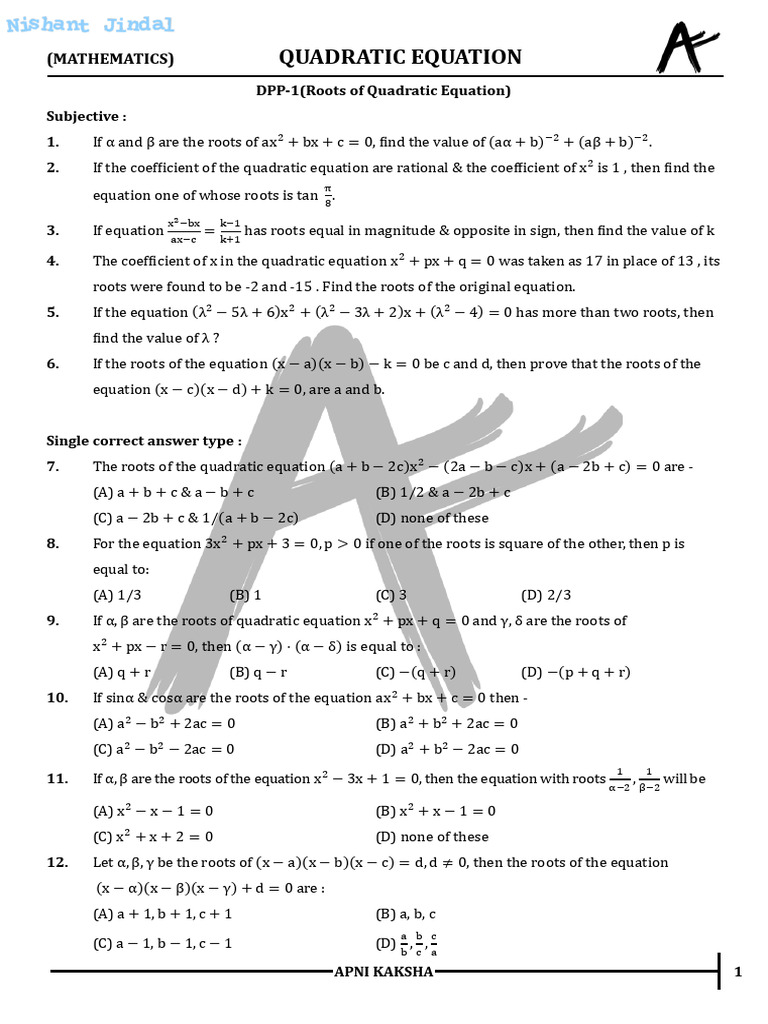 DPP - 01 Roots of Quadratic Equation NJ_247 (1) | PDF | Equations | Quadratic Equation