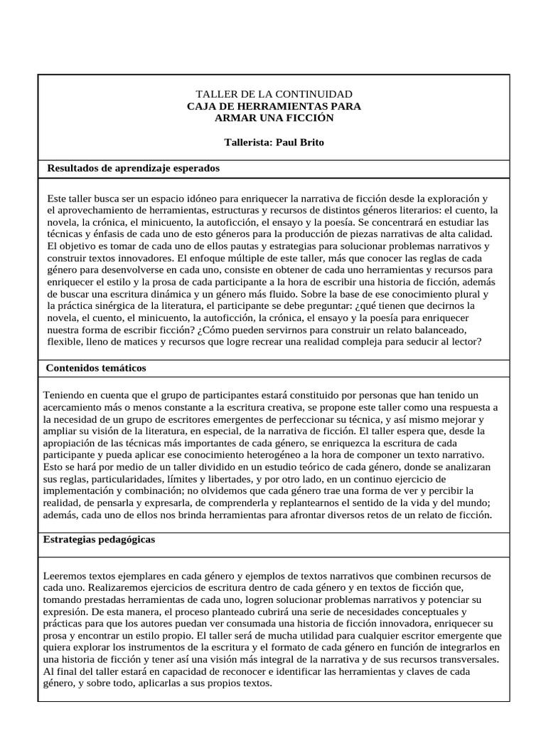 Programa del taller de la continuidad (Caja de herramientas para armar ... Programa del taller de la continuidad (Caja de herramientas para armar ...