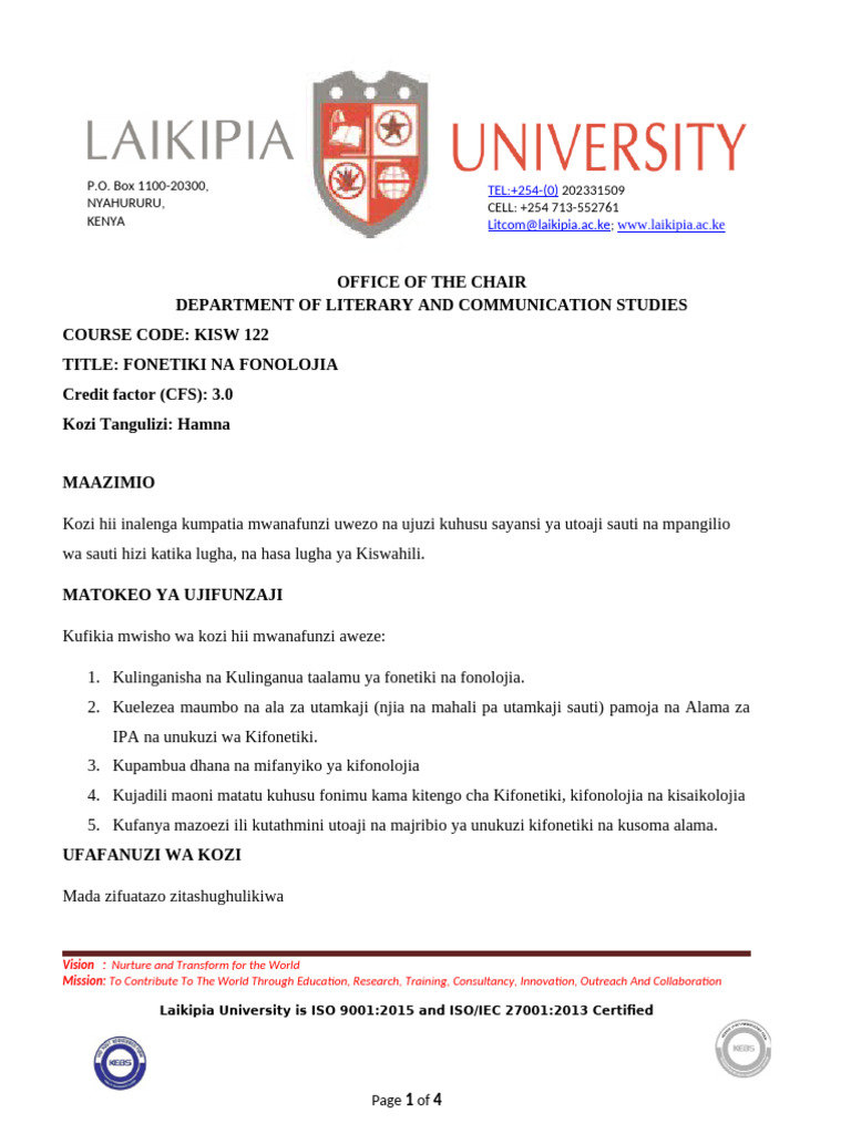 Course Outline For Kisw 122 | PDF | Swahili Language | Linguistics