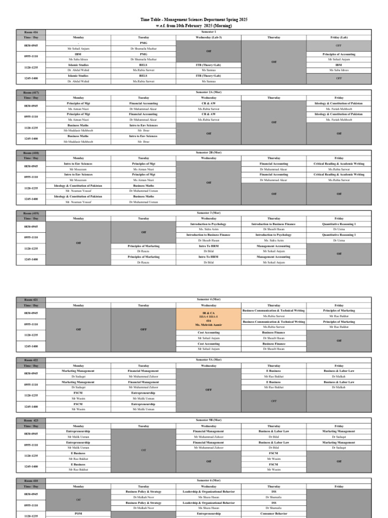Time Table Mor MS Dept Spring 2025 Wef 10th Feb | PDF | Business Economics | Economies