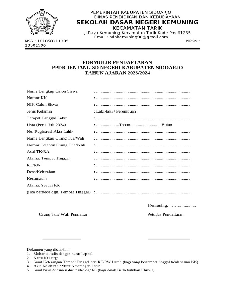 Formulir PPDB SDN Kemuning 2024/2025 | PDF