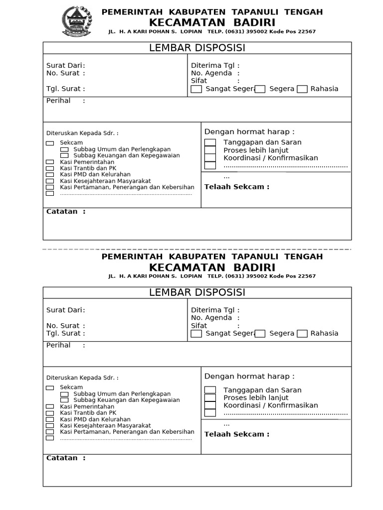 Lembar Disposisi Surat Pemerintah Badiri | PDF