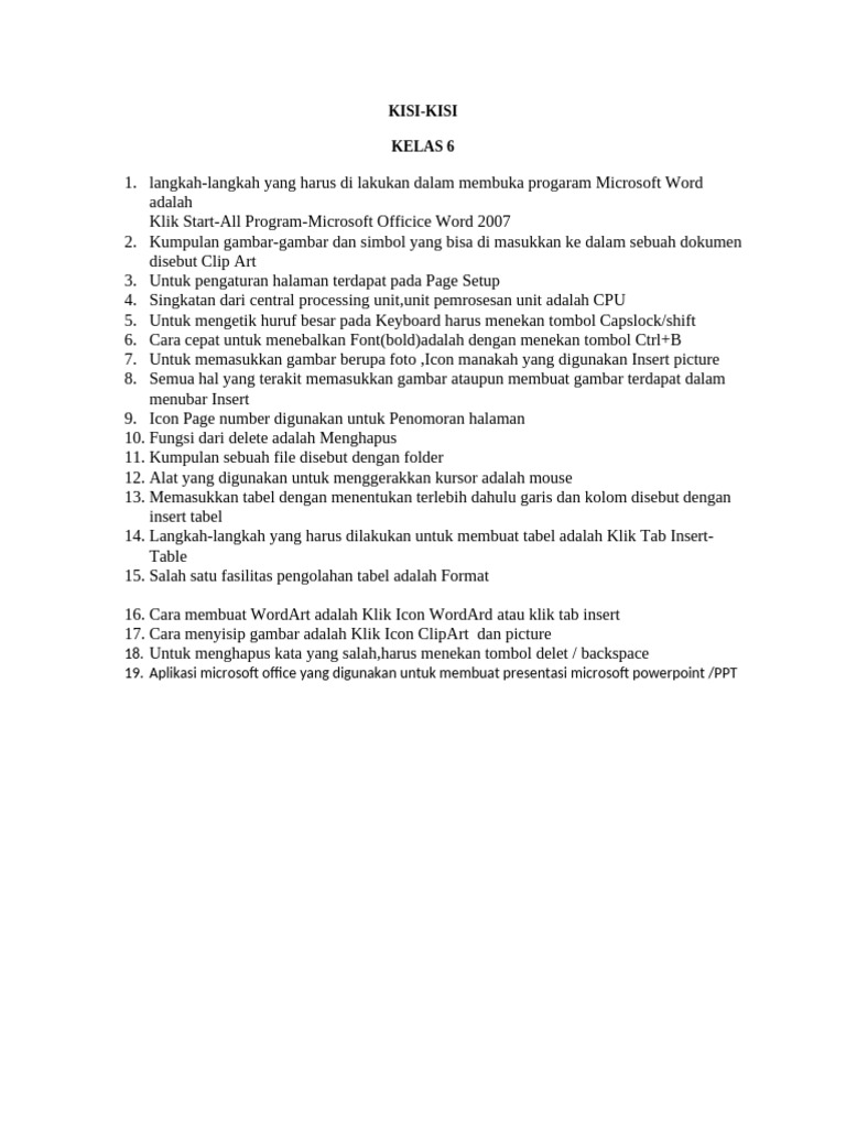 Kisi-Kisi Kelas 6 | PDF