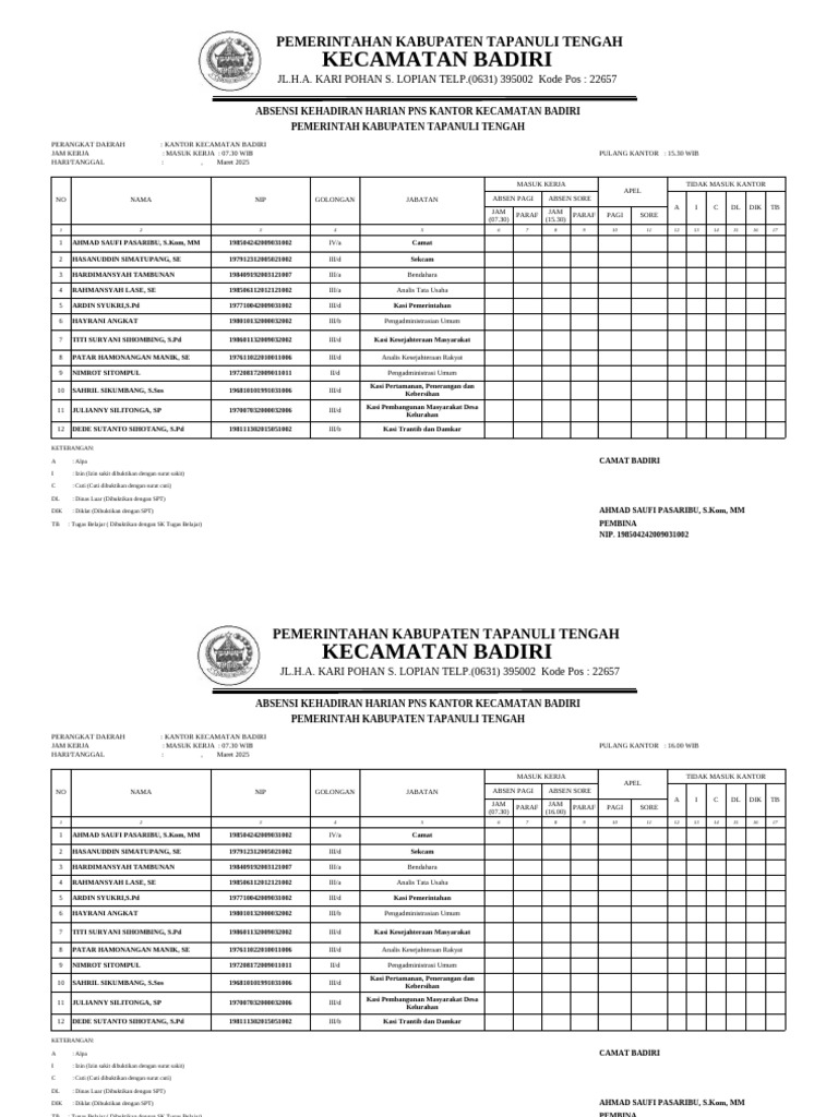 Format Absensi Terbaru 2025 Kantor Kecamatan Badiri | PDF