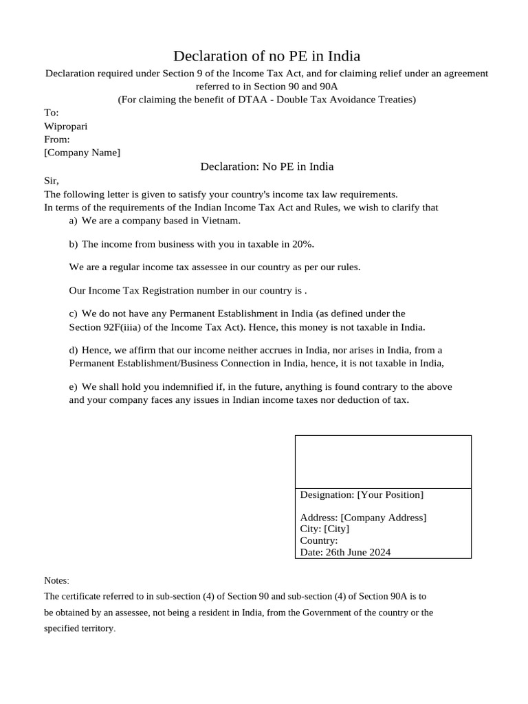 Declaration of No PE in India | PDF