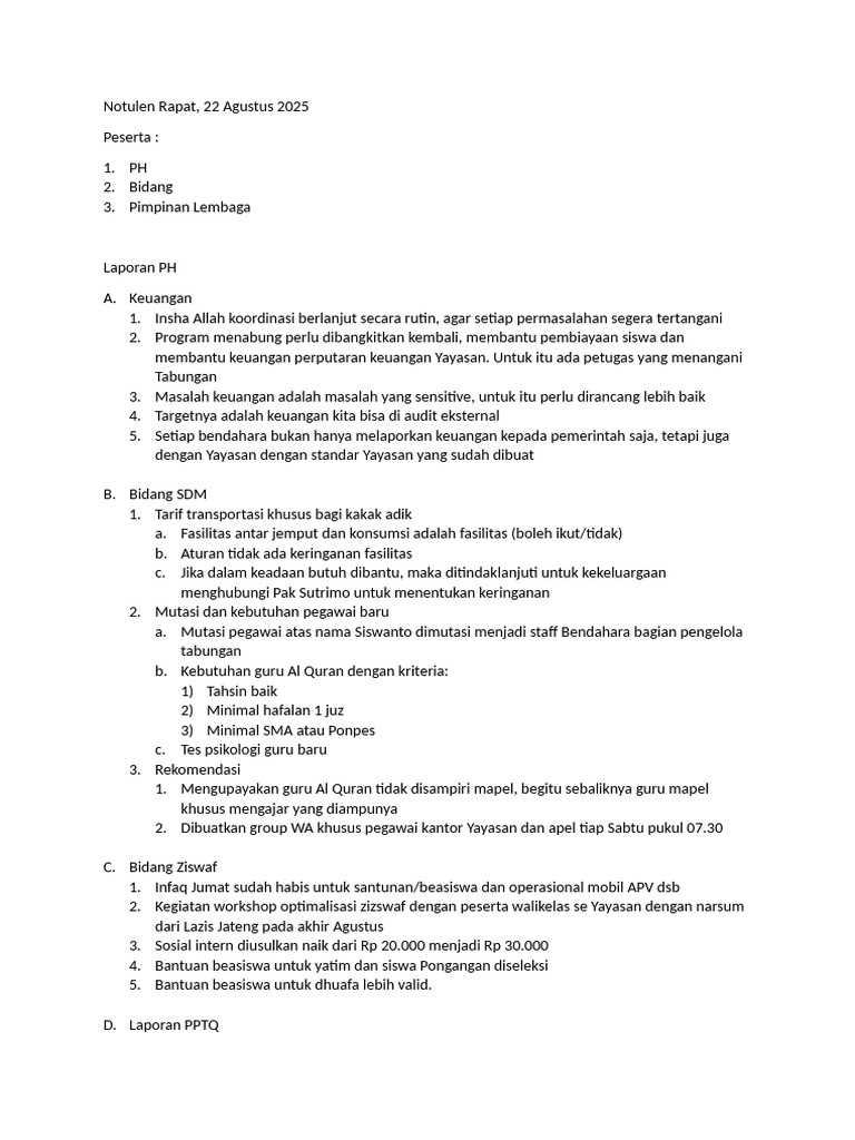 Notulen Rapat, 22 Agustus 2024 - Sosialisasi Anggaran PPDB Dan Pembangunan | PDF