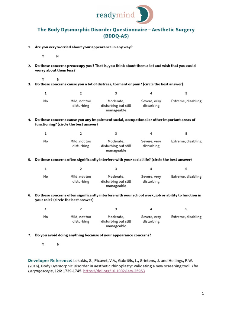 Body Dysmorphic Disorder Questionnaire | PDF | Medicine | Mental Health