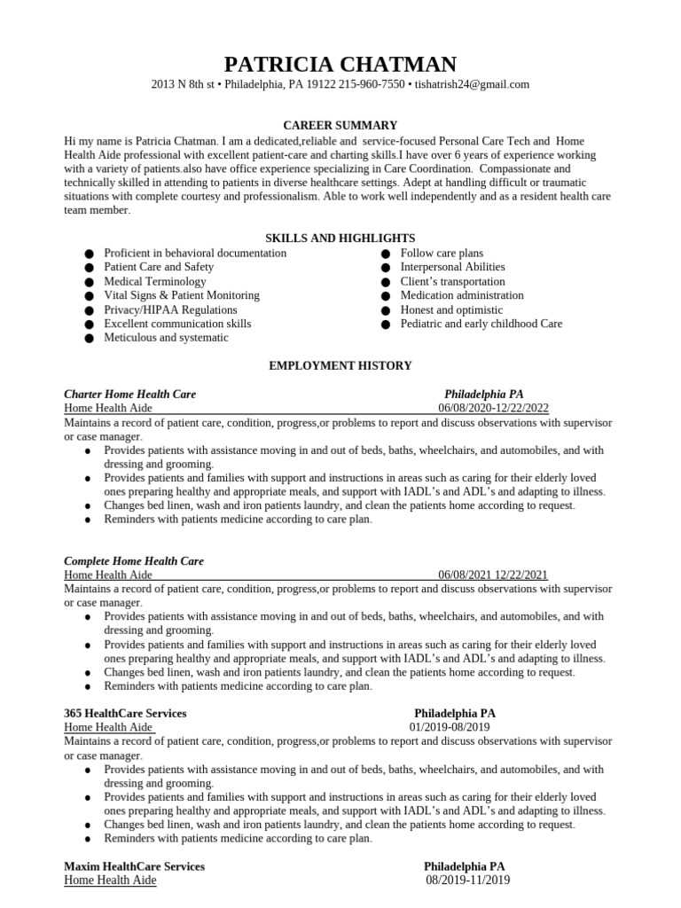 Patricia Chatman Resume | PDF | Patient | Health Care