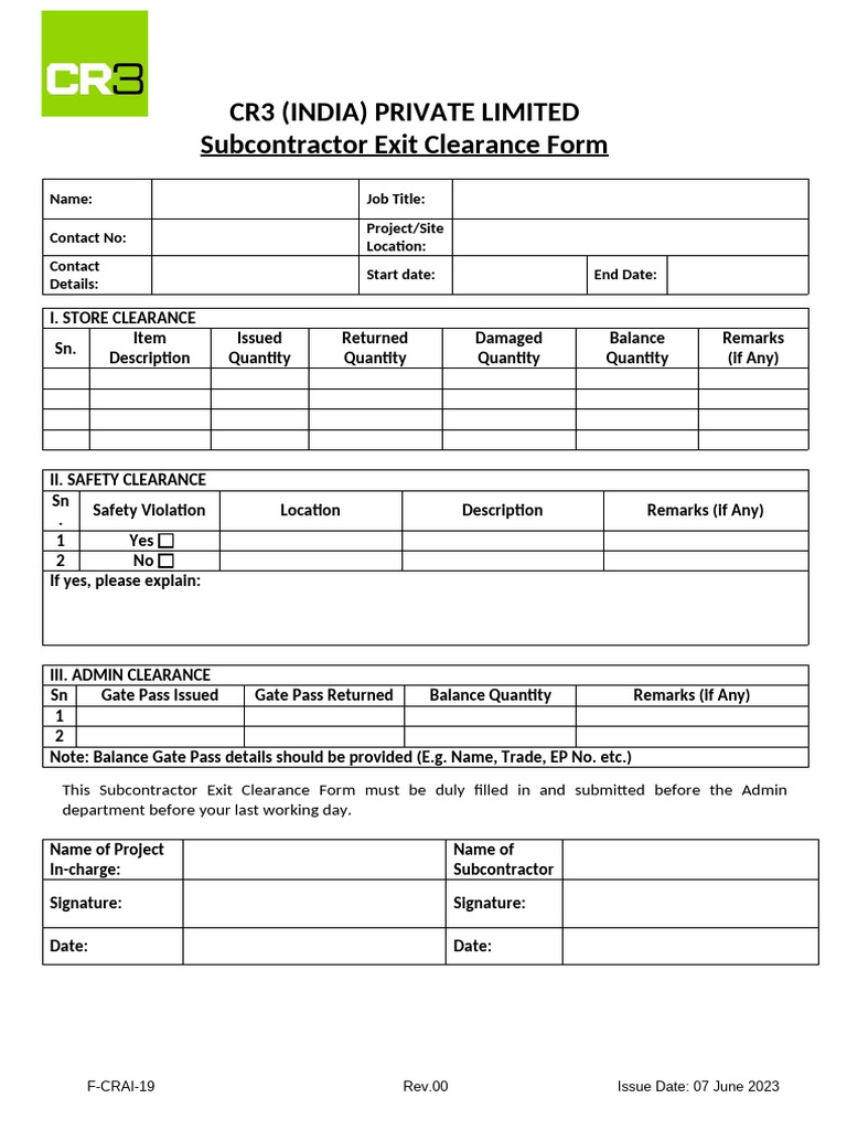 Subcontractor Exit Clearance Form | PDF