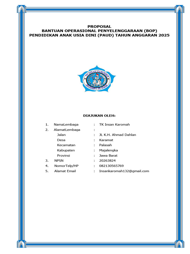 Template Proposal Bop Paud Ta 2025 TK Ik | PDF