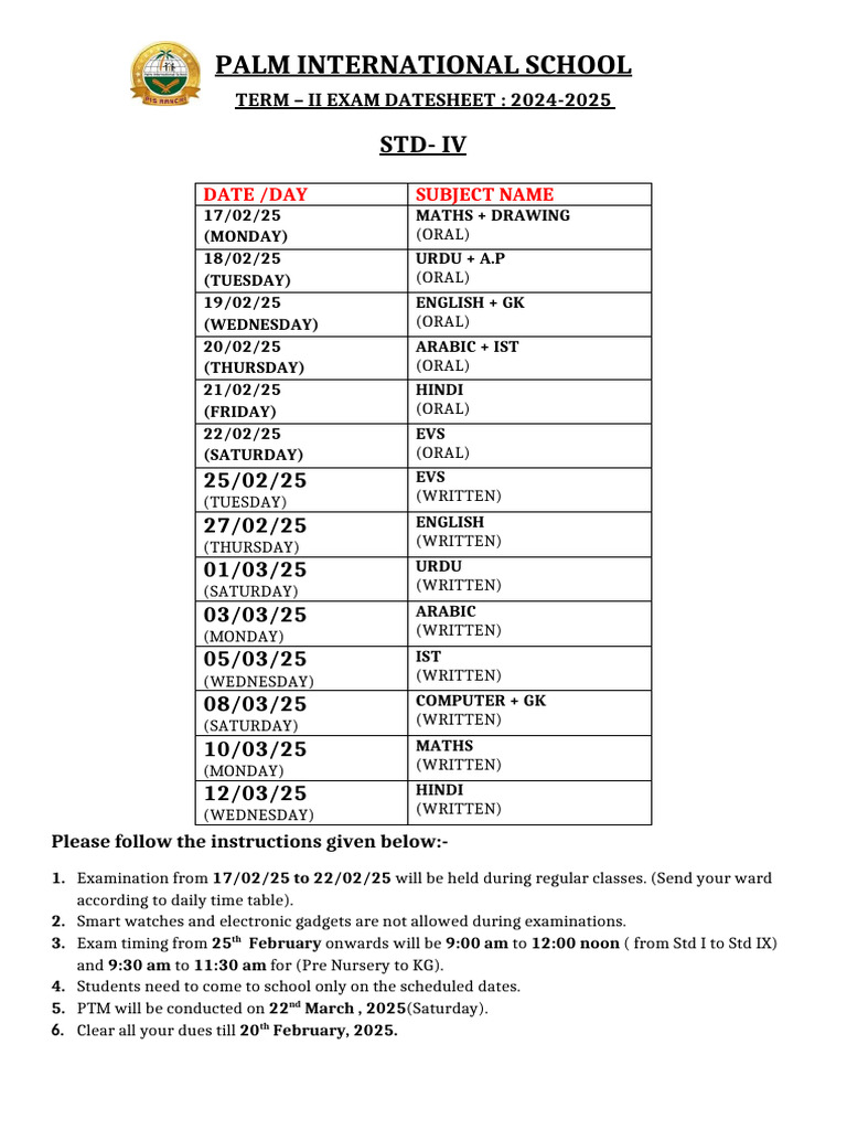 STD - 4 Term 2 Datesheet | PDF