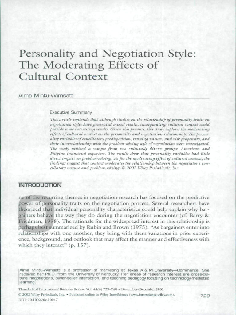 Personality and Negotiation Style - The Moderating Effects of Cultural ...