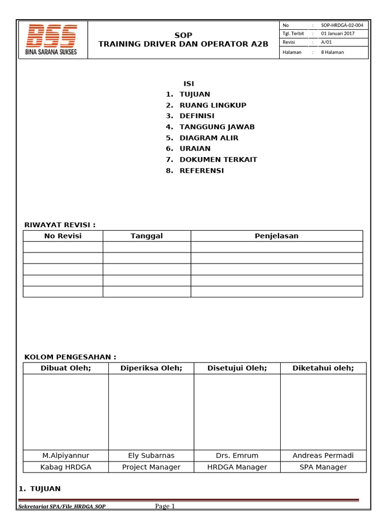 SOP Pelatihan Driver dan Operator A2B | PDF