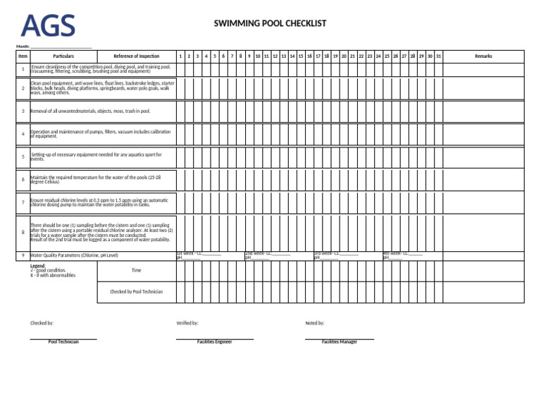Pool Maintenance Checklist | PDF | Swimming Pool | Water