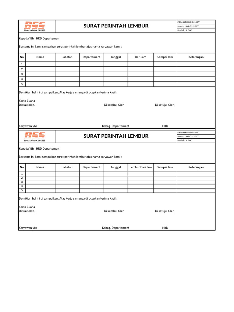 Surat Perintah Lembur Karyawan HRD | PDF