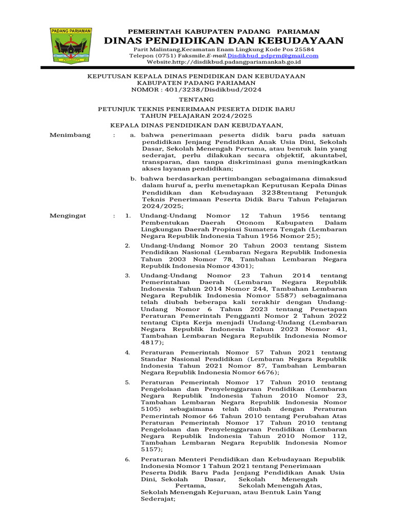 JUKNIS PPDB KABUPATEN PADANG PARIAMAN TAHUN PELAJARAN 2024 2025 OKE (1) | PDF