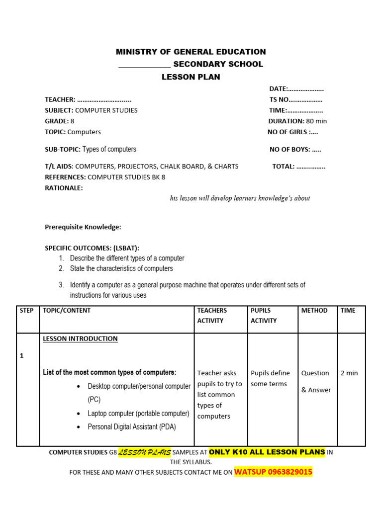 Lesson Plans Computer Studies G8 Samples | PDF | Input/Output | Personal Computers