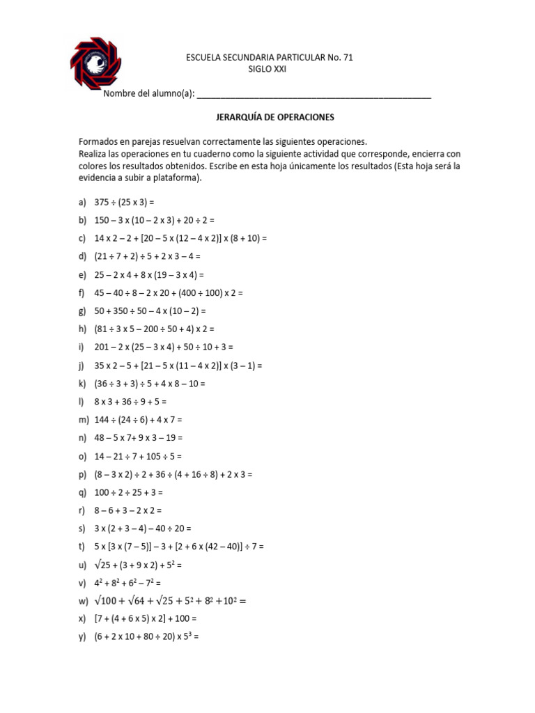 Ejercicios Jerarquía de Operaciones | PDF