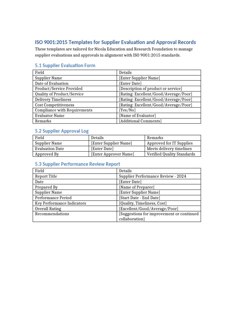 ISO 9001 Section5 Supplier Evaluation Records | PDF