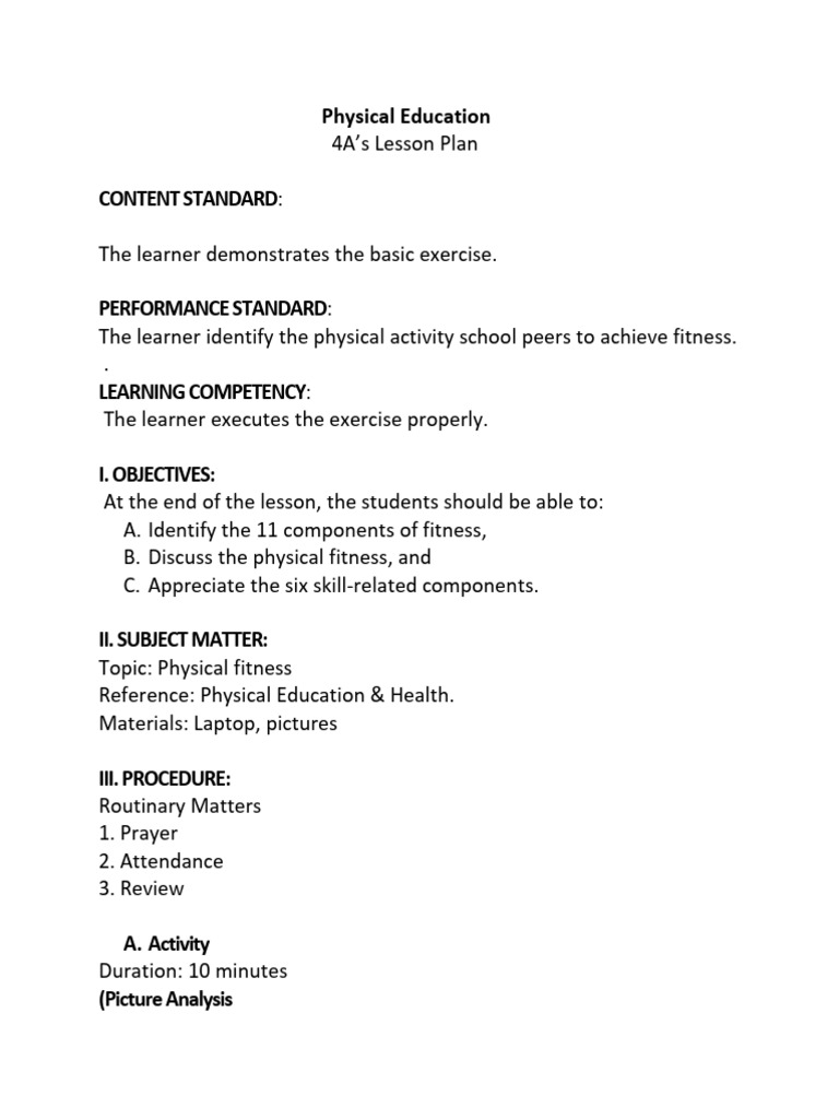 Physical Education Lesson Plan on Fitness | PDF