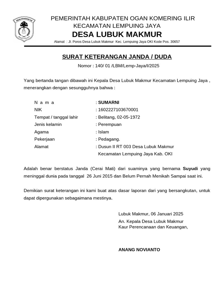 Contoh Surat Ket Janda Duda | PDF