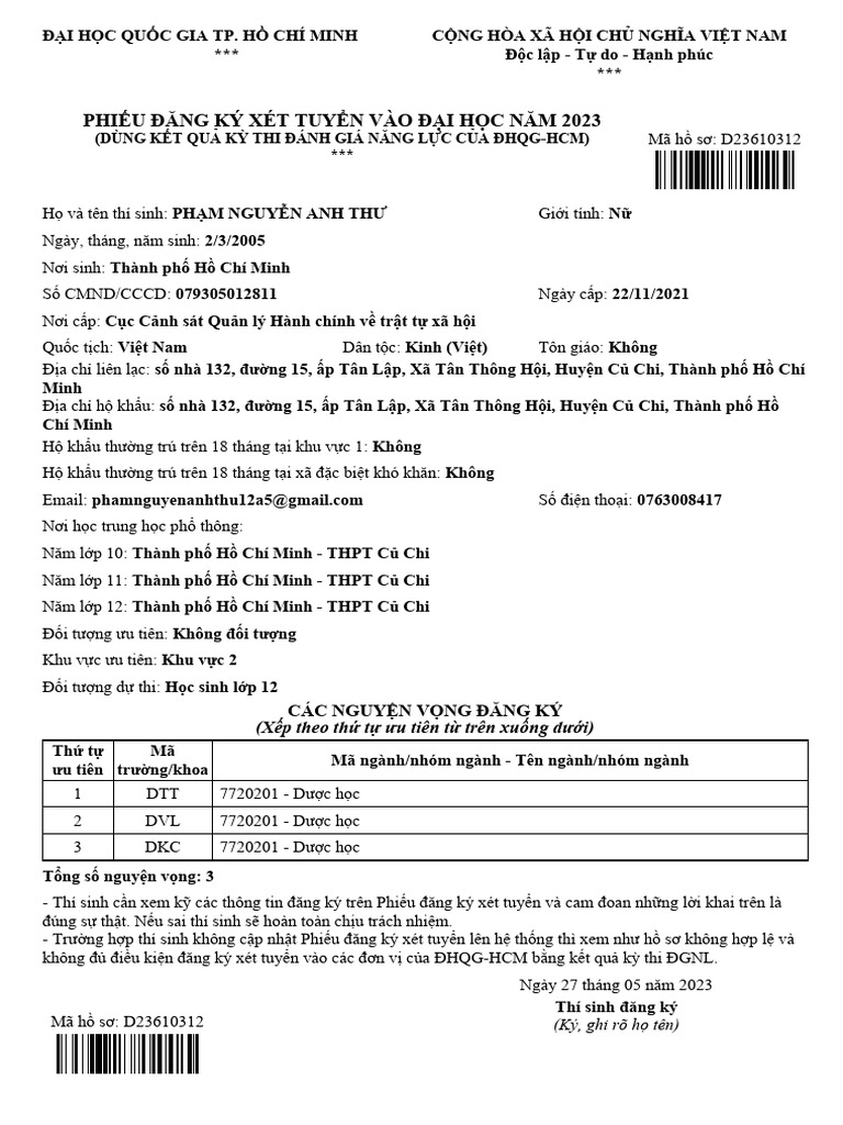 Phieu Dang Ky Xet Tuyen | PDF