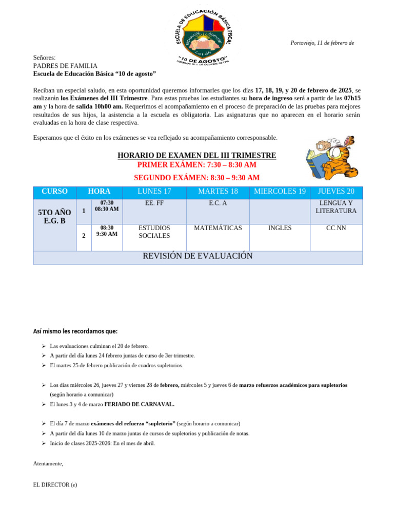 Comunicado Del Horario de Examen 3er Trim | PDF