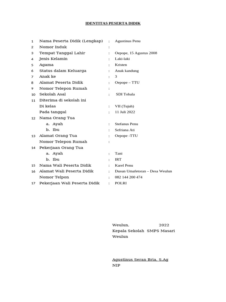 Identitas Peserta Didik Agustinus Penu | PDF