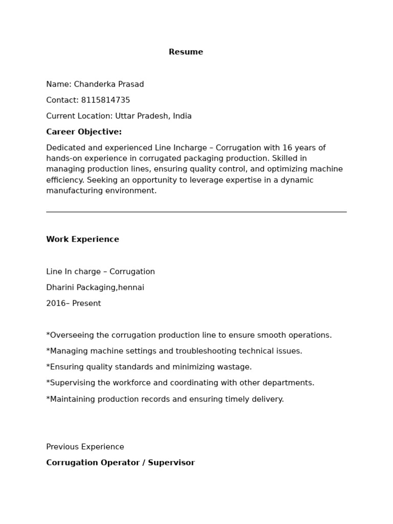 Chanderka Prasad - Line Incharge | PDF