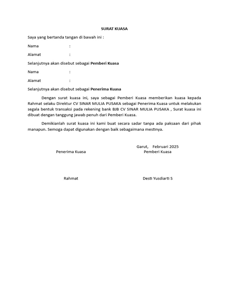 Surat Kuasa Pengambilan Uang BJB | PDF